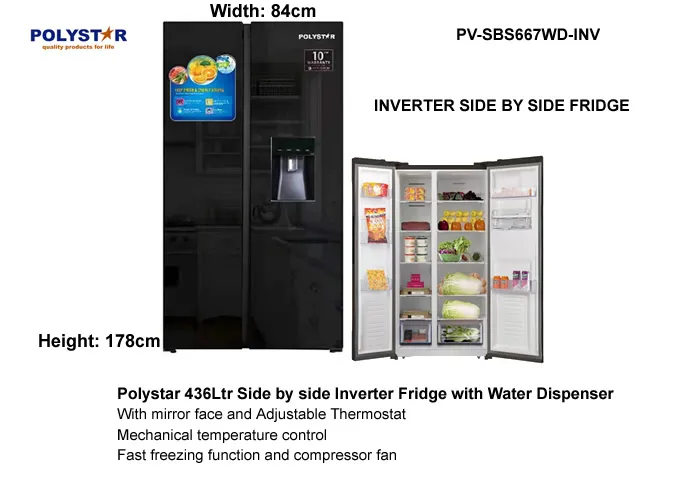 Polystar 500L Inverter Side by Side Refrigerator PV-SBS775WD-INV ...